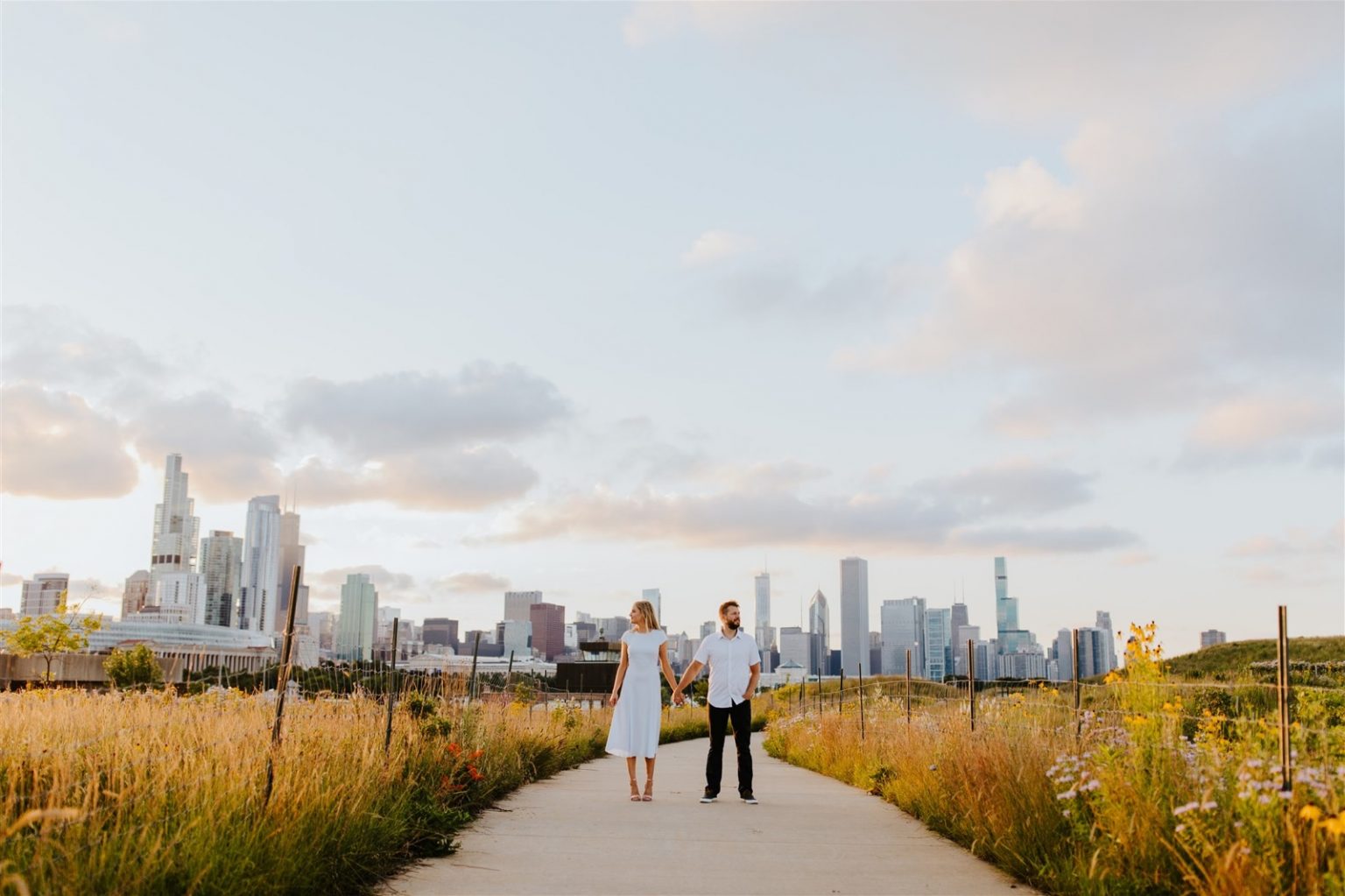A Chicago Engagement Session at Northerly Island with Skyline Views.